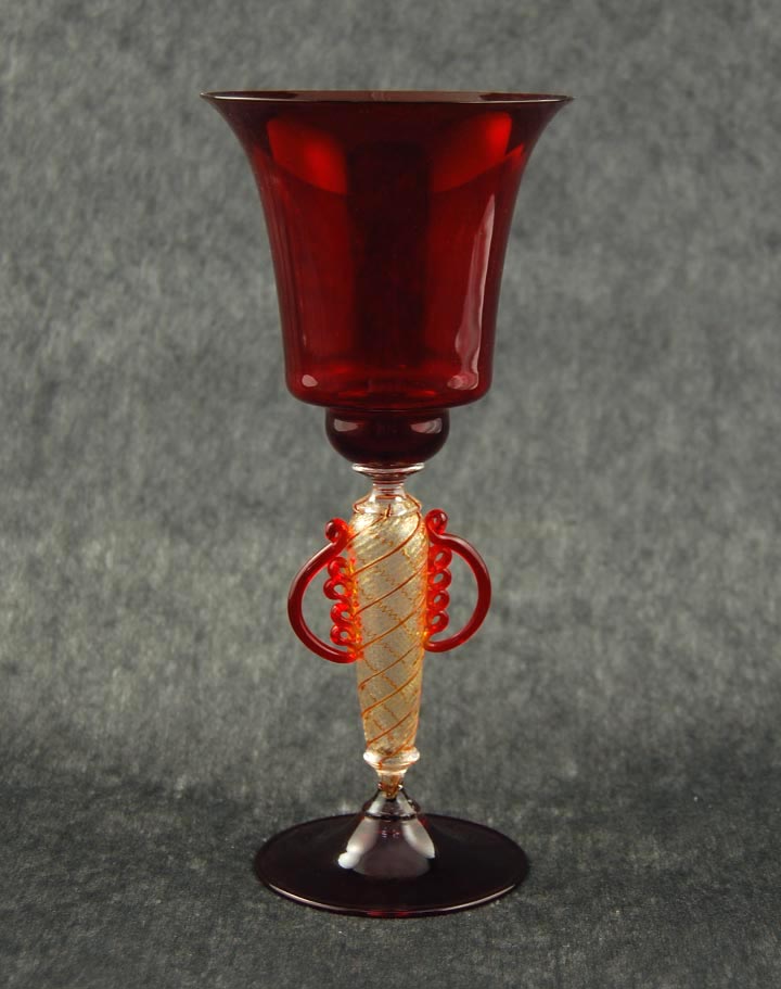 Red goblet, crystal-gold tapered stem, decorated